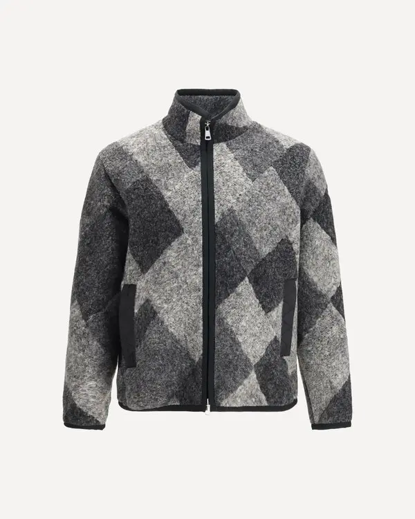 Moncler Wool Blend Zip Cardigan With Diamond Pattern