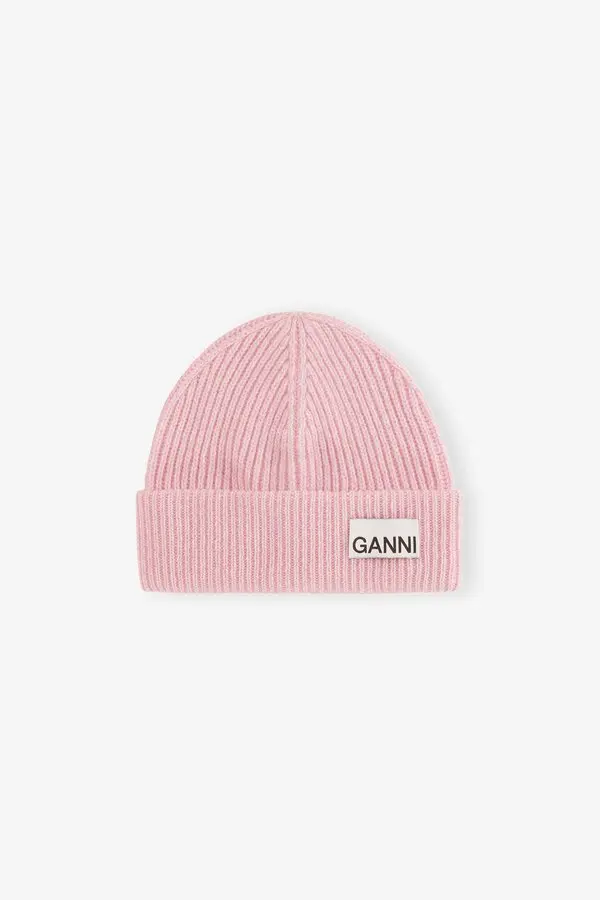 GANNI Rib Knit Wool Beanie - Pink