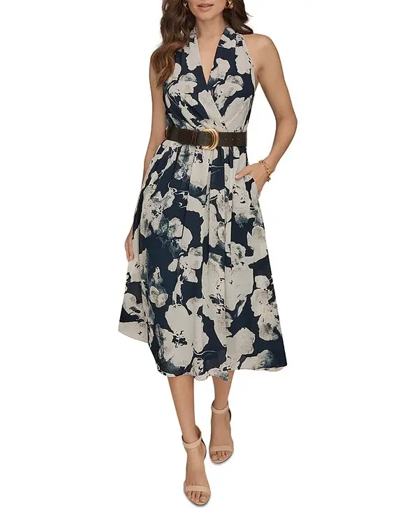 Donna Karan New York Belted Sleeveless Chiffon Dress