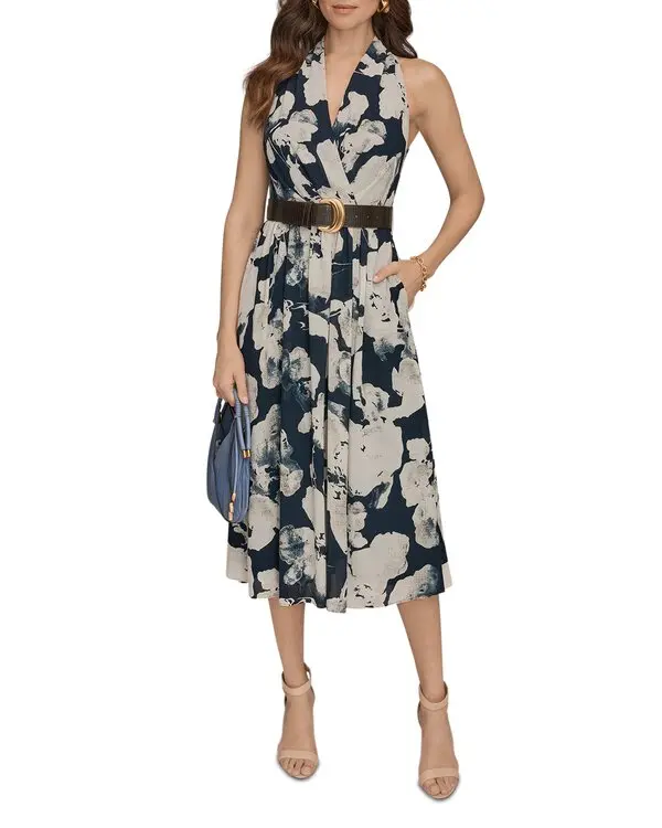 Donna Karan New York Belted Sleeveless Chiffon Dress