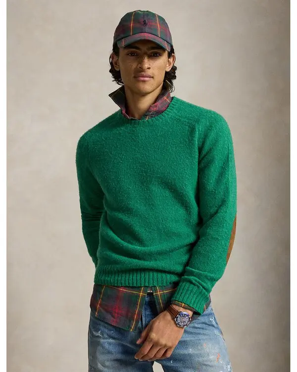 Polo Ralph Lauren Suede Elbow Patch Wool Blend Crewneck Sweater - Basil Green