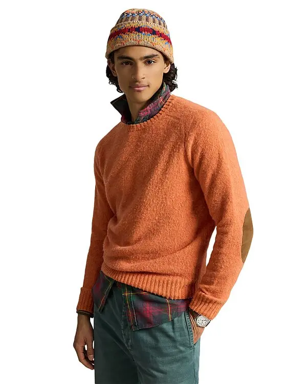 Polo Ralph Lauren Suede Elbow Patch Wool Blend Crewneck Sweater - Orange Jasper Heather