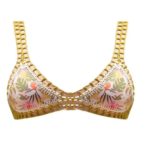 LUXSEA SWIMWEAR Reversible Floral Print Crochet Bikini Top - Yellow