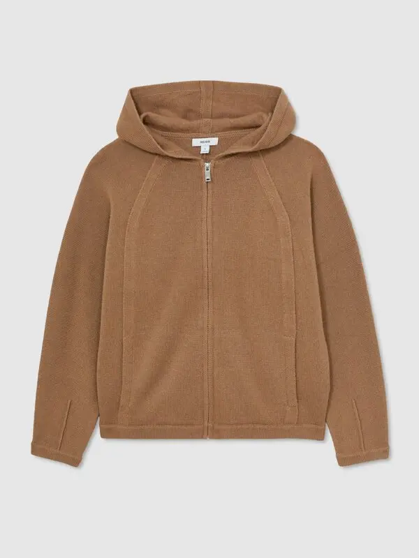 REISS Evie Wool-blend Zip-through Hoodie With Cashmere - Camel