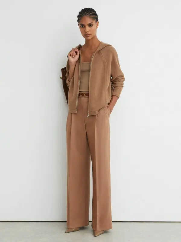 REISS Evie Wool-blend Zip-through Hoodie With Cashmere - Camel