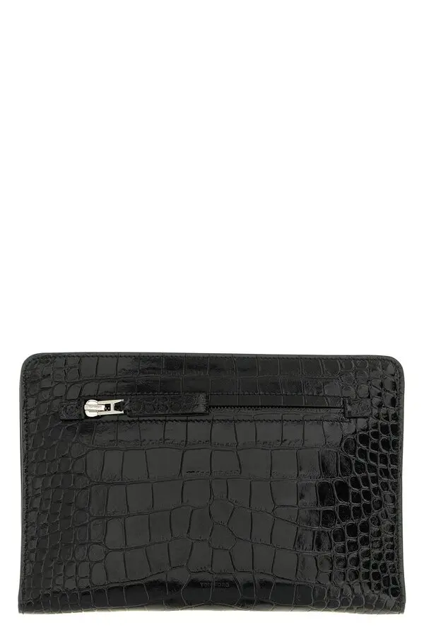 TOM FORD Croc Print Leather Clutch Bag - Black