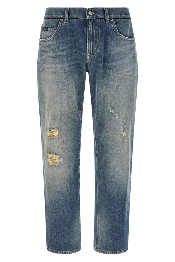 Dolce & Gabbana Destroyed Logo Plaque Jeans - Blue