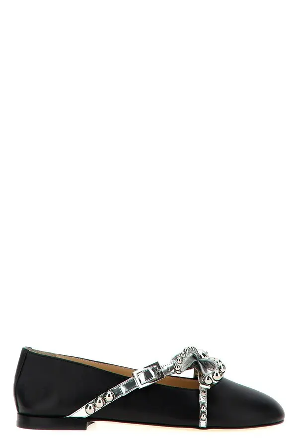 Mach & Mach Crystal Studs Leather Ballet Flat - Black