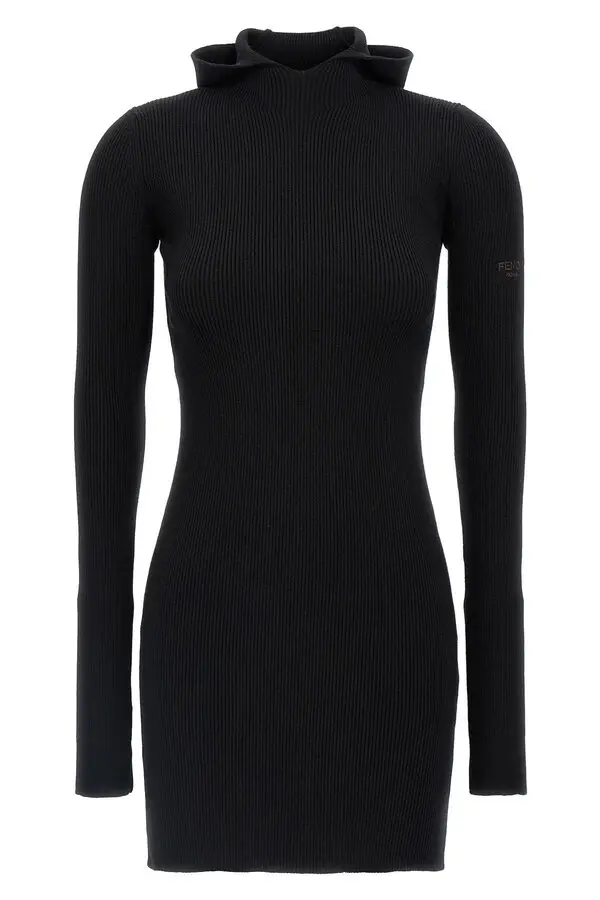 Fendi Ribbed Wool And Silk Hooded Dress - Black