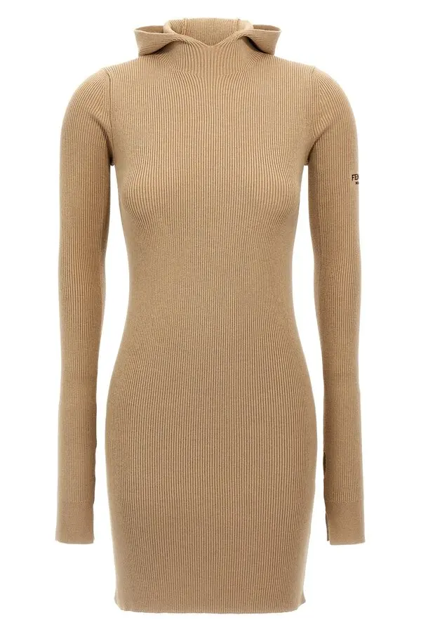 Fendi Hooded Ribbed Dress - Beige