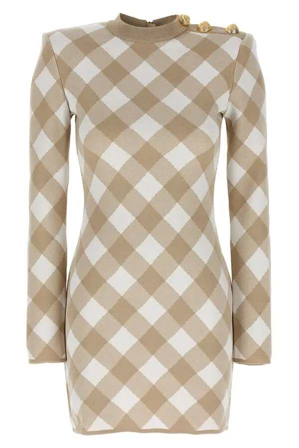 Balmain Vichy Macro Print Viscose Blend Dress - Beige