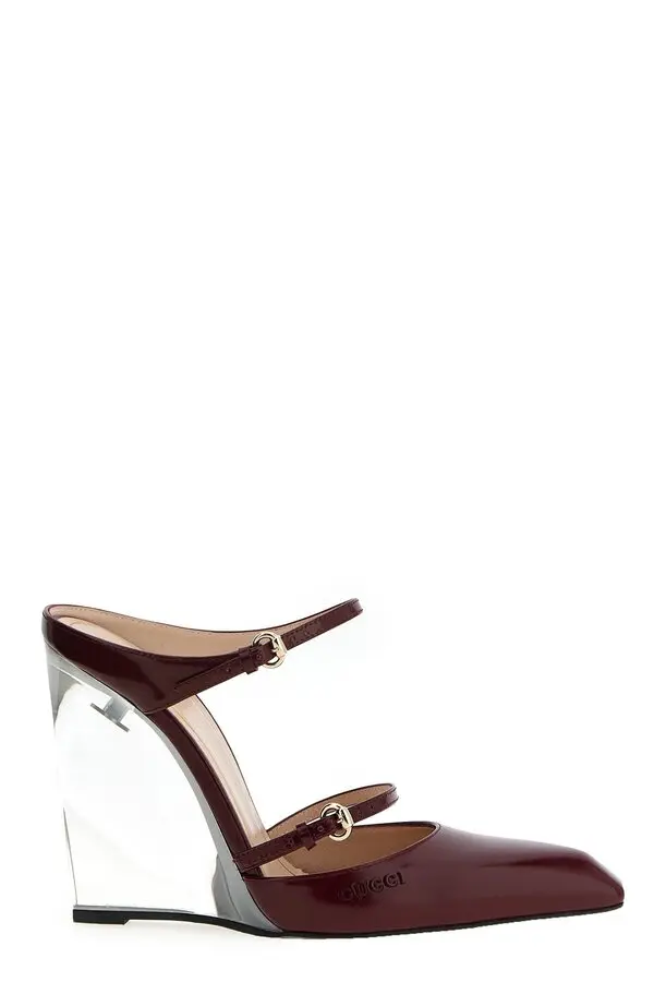 Gucci Leather Sabots With Transparent Wedge - Red