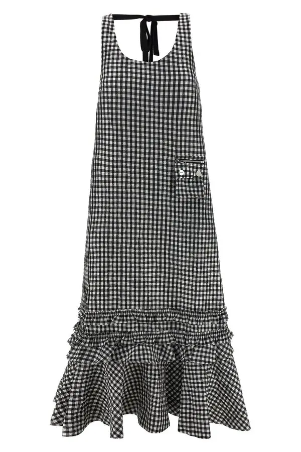GANNI Crinkled Check Long' Dress - Black