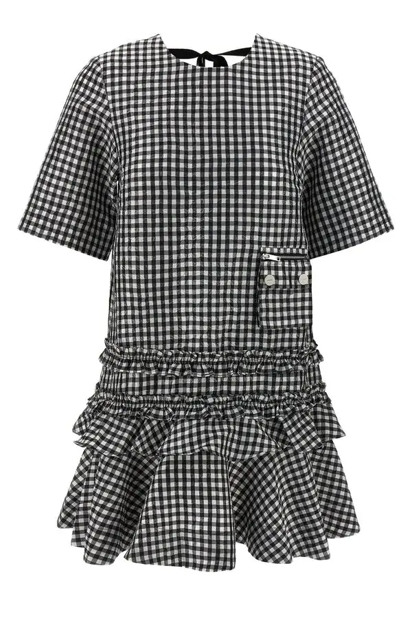 GANNI Crinkled Check Mini' Dress - White/black