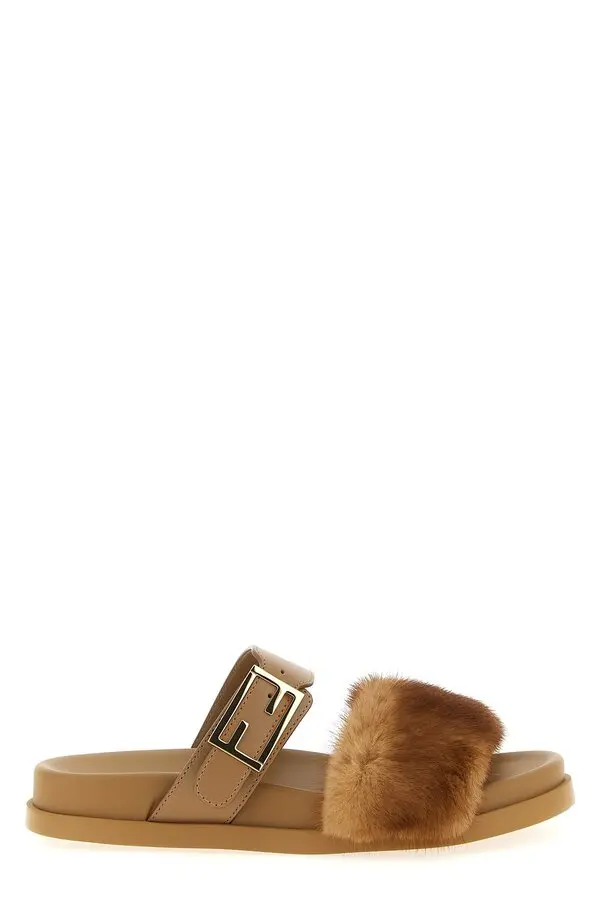 Fendi Leather And Mink Slides - Brown