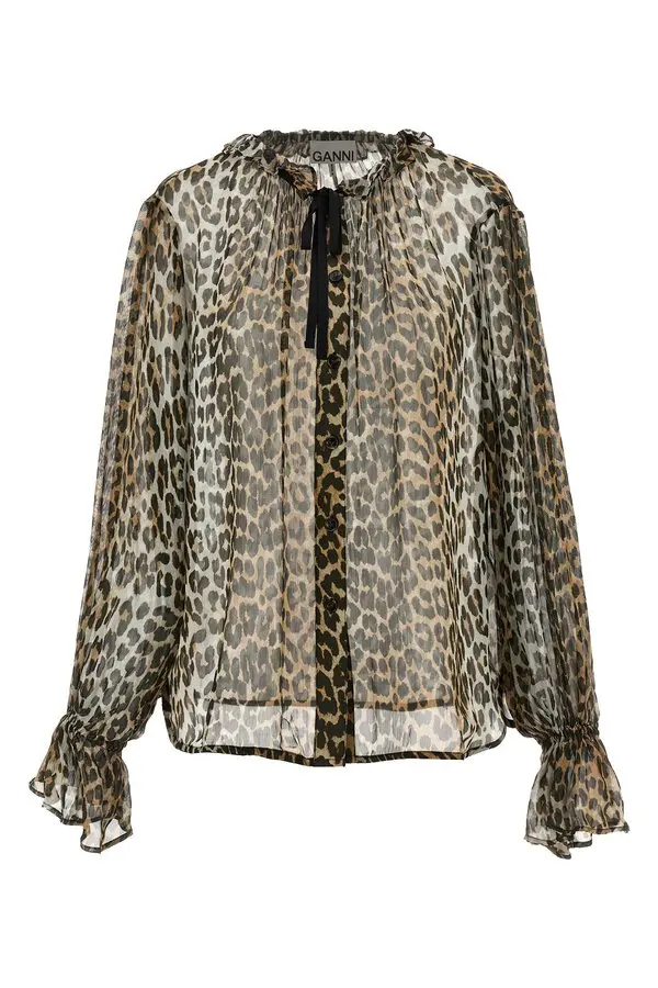 GANNI Leopard Print Chiffon Tie String' Shirt - Brown