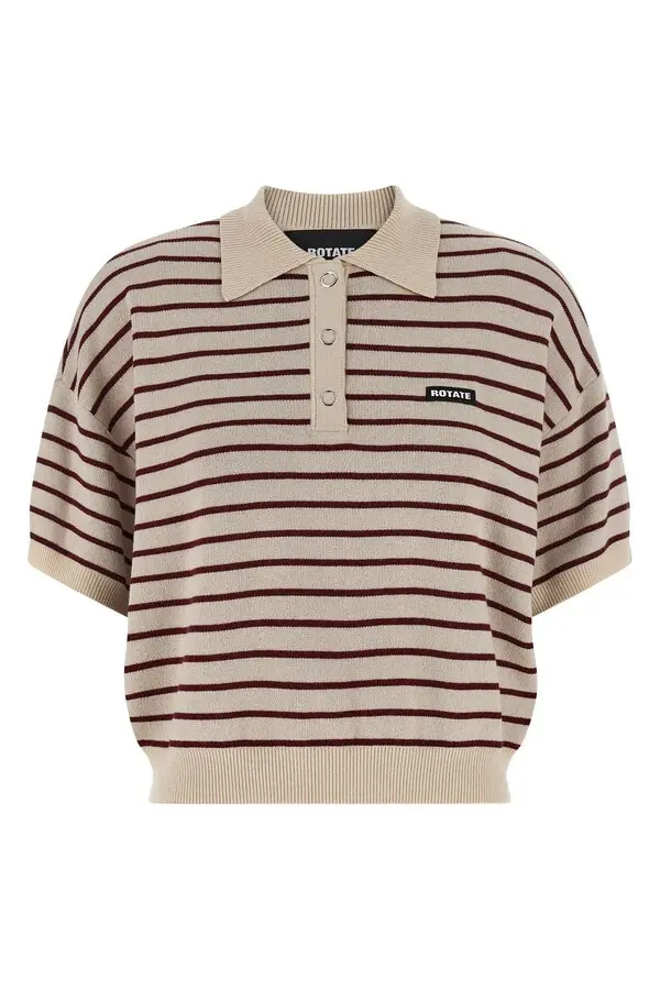 ROTATE BY BIRGER CHRISTENSEN Striped Stretch Merino Wool Blend Slinky Knit Polo Shirt