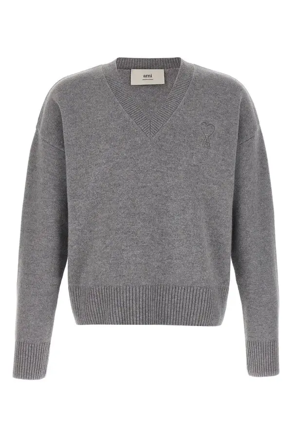 AMI Paris Puff Logo Patch Sweater - Gray