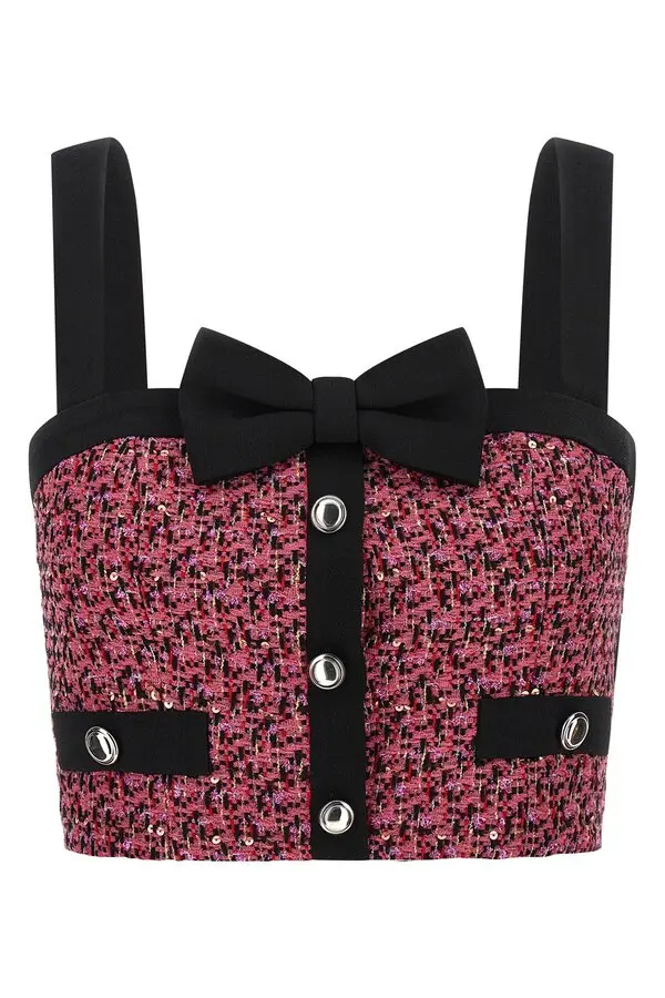 Alessandra Rich Tweed Crop Top With Bow Detail