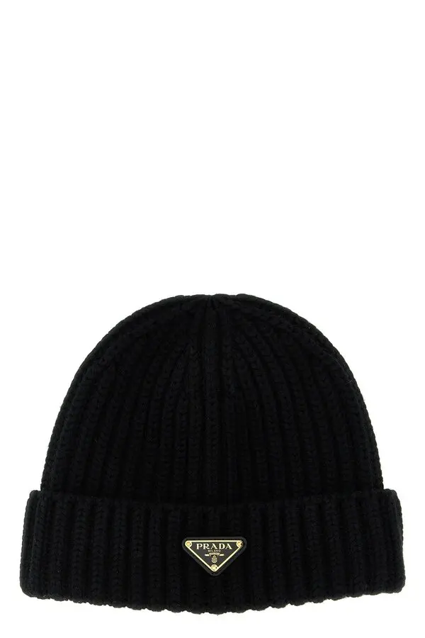 Prada Logo Triangle Beanie - Black