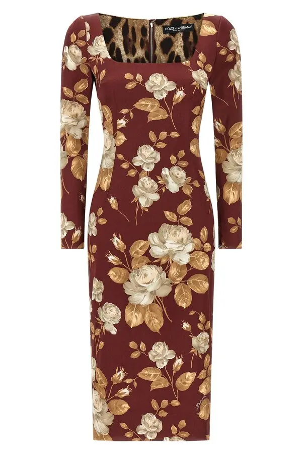 Dolce & Gabbana Rose Print Silk Satin Midi Dress
