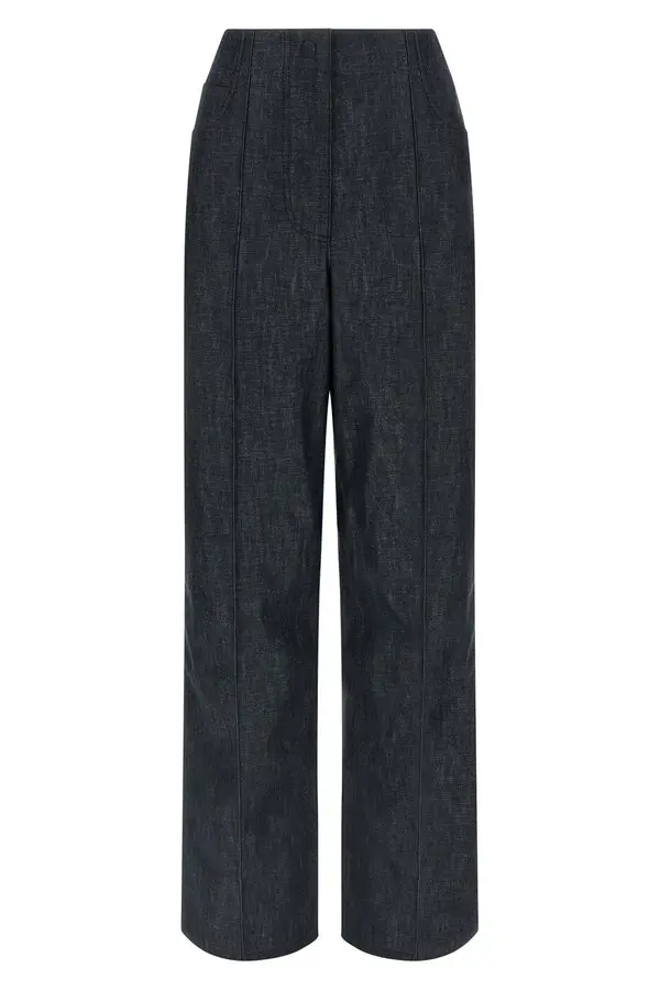 Fendi Chambray Wide Leg Jeans With Leather Logo Patch