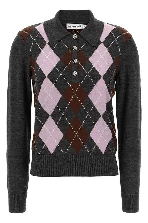 SELF-PORTRAIT Argyle Lightweight Sweater - Gray