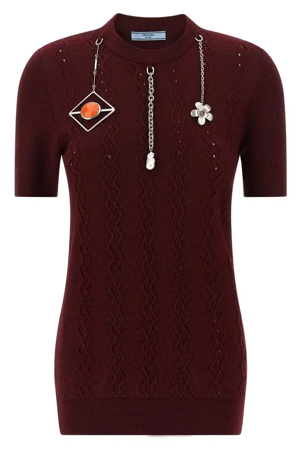 Prada Charms Virgin Wool Short Sleeve Sweater