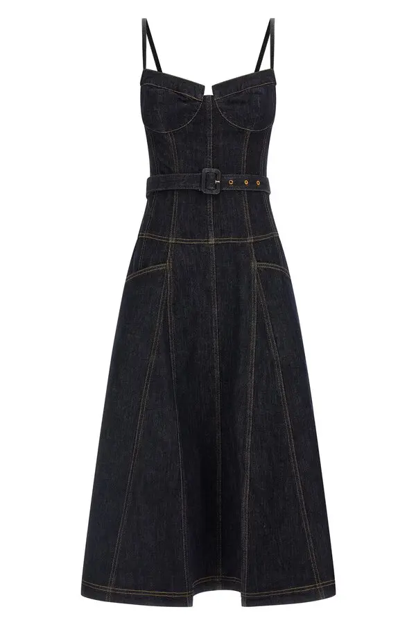 SELF-PORTRAIT Indigo Denim Flared Midi' Dress