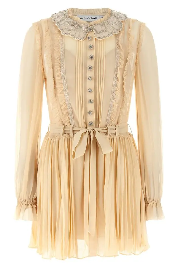 SELF-PORTRAIT Pleated Georgette Mini Dress - Yellow