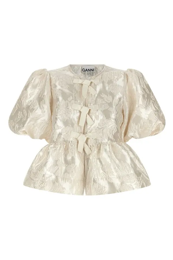 GANNI Satin Peplum Jacquard Blouse