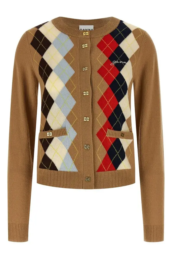 GANNI Diamond-pattern Cashmere Blend Cardigan - Beige