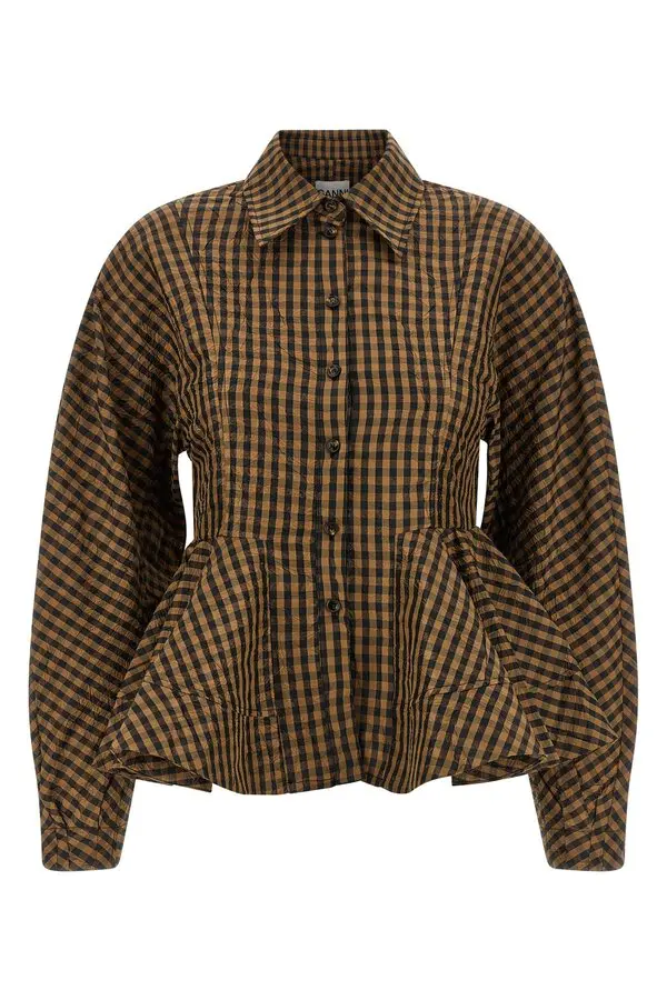 GANNI Crinkled Taffeta Check Print Blouse