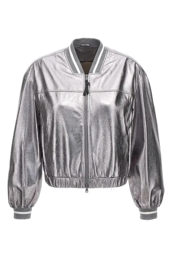 Brunello Cucinelli Laminated Leather Bomber Jacket - Silver