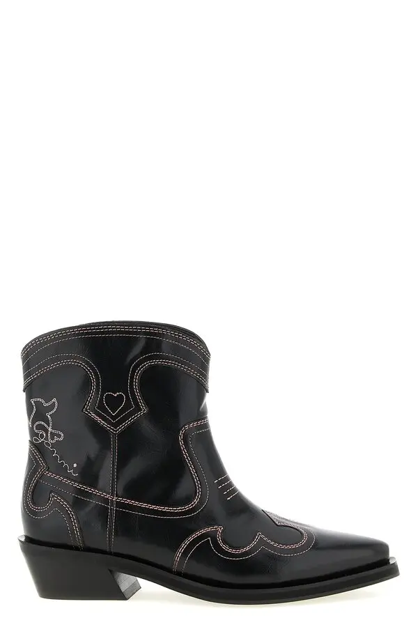 GANNI Low Shaft Embroidered Western Ankle Boots