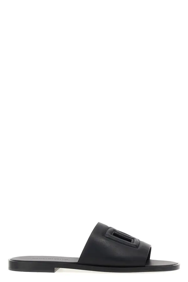 Dolce & Gabbana Logo Leather Slides - Black