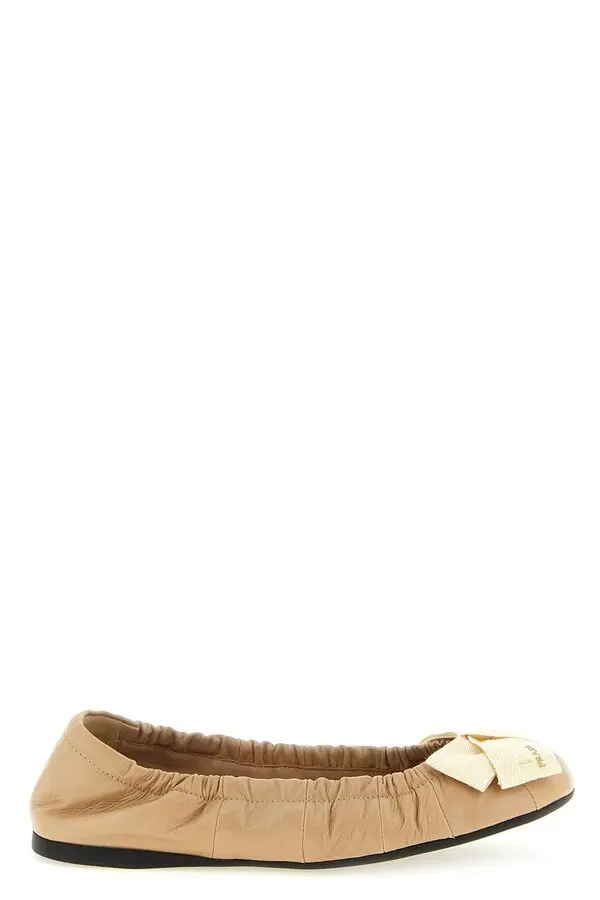 Prada Leather Ballet Flat With Bow - Beige