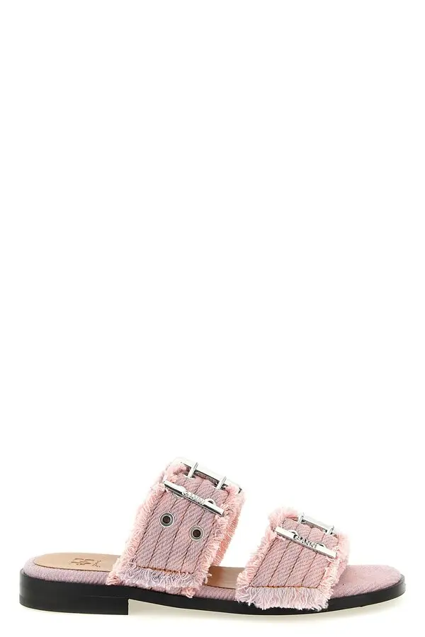 GANNI Buckled Fringed Denim Sandals - Pink