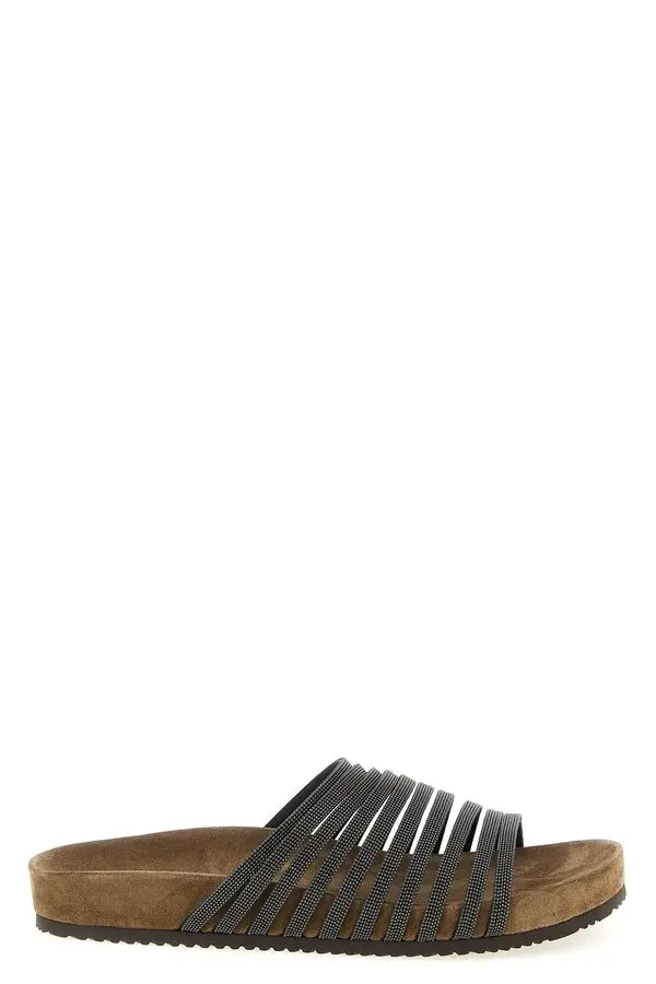 Brunello Cucinelli Monile Precious Straps Suede Slides - Black