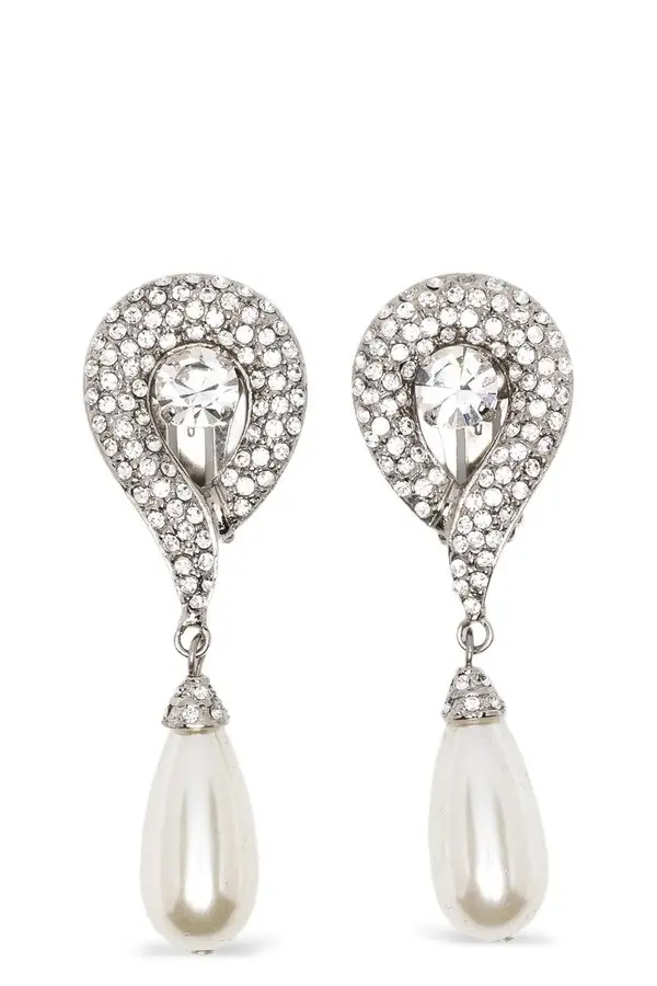 Alessandra Rich Metal Crystal Pendant Pearl Earrings - Silver