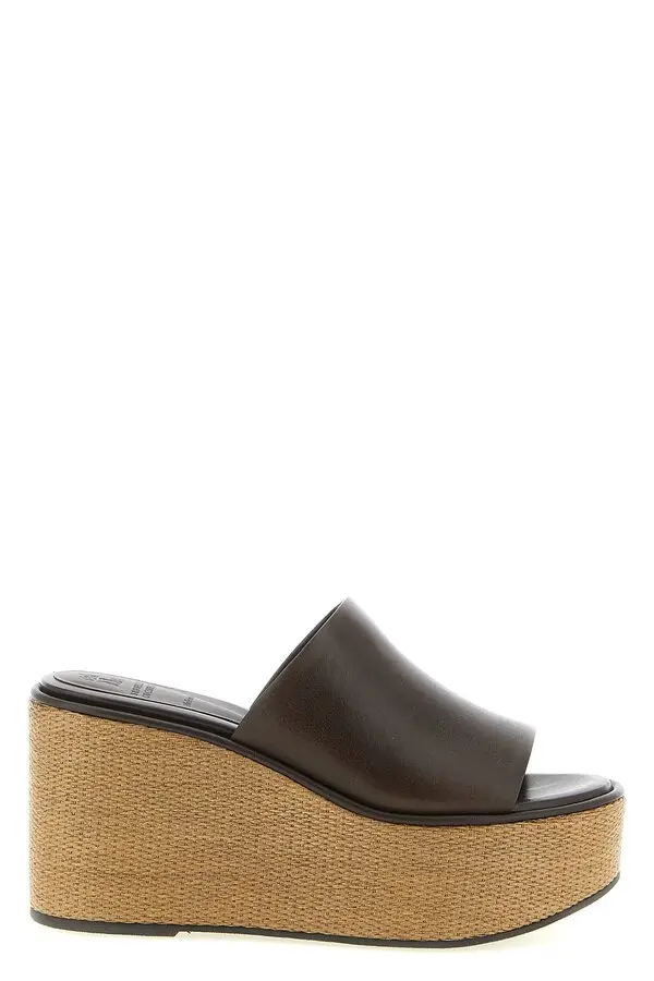 Brunello Cucinelli Leather And Raffia Wedges - Brown
