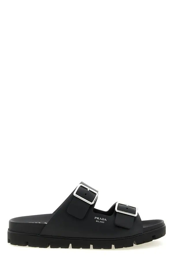 Prada Rubber Slides With Logo Detail - Black