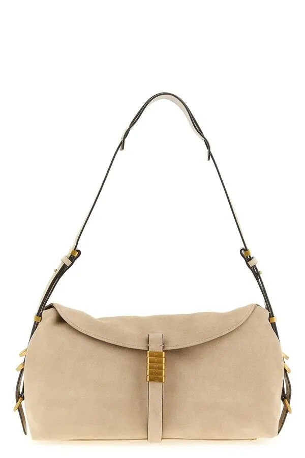 Pinko Saddle Horizontal Suede Shoulder Bag - Beige