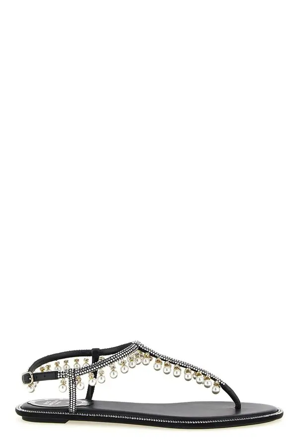 Rene Caovilla Diana Satin Flat Sandals - White/black