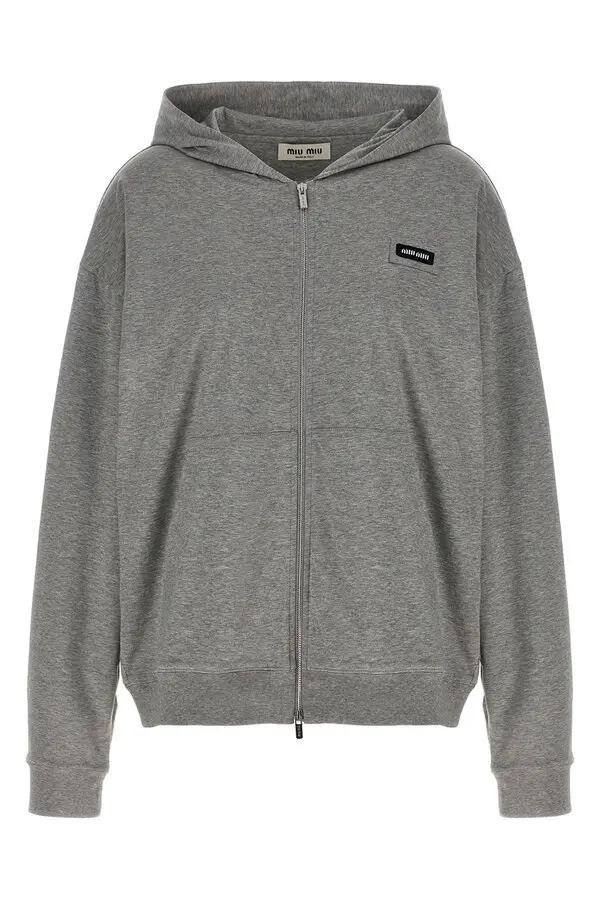 Miu Miu Cotton Mélange Logo Hoodie - Gray