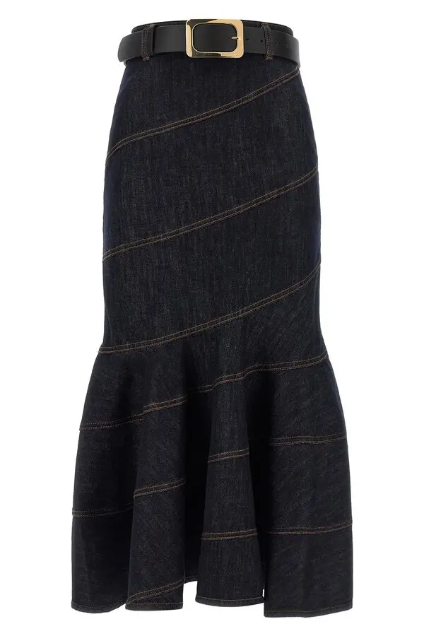 SELF-PORTRAIT Denim Belted Midi Skirt