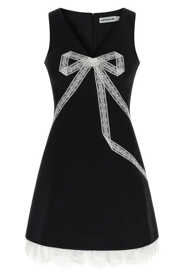 SELF-PORTRAIT Crêpe Bow Lace Mini Dress - White/black