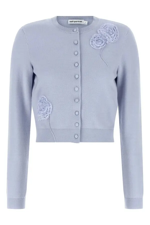 SELF-PORTRAIT Flower Knit Cardigan - Light Blue