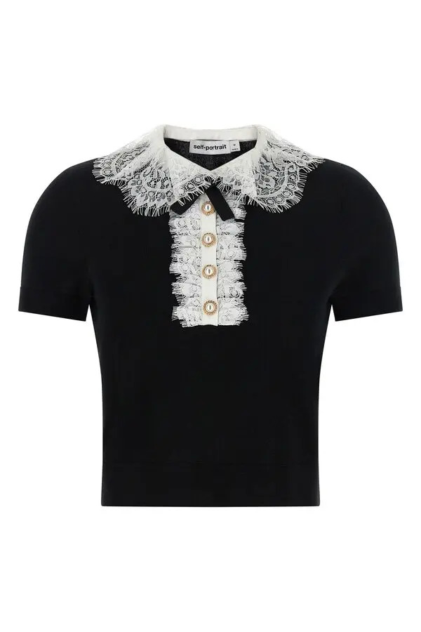 SELF-PORTRAIT Knit Lace Collar Top - White/black