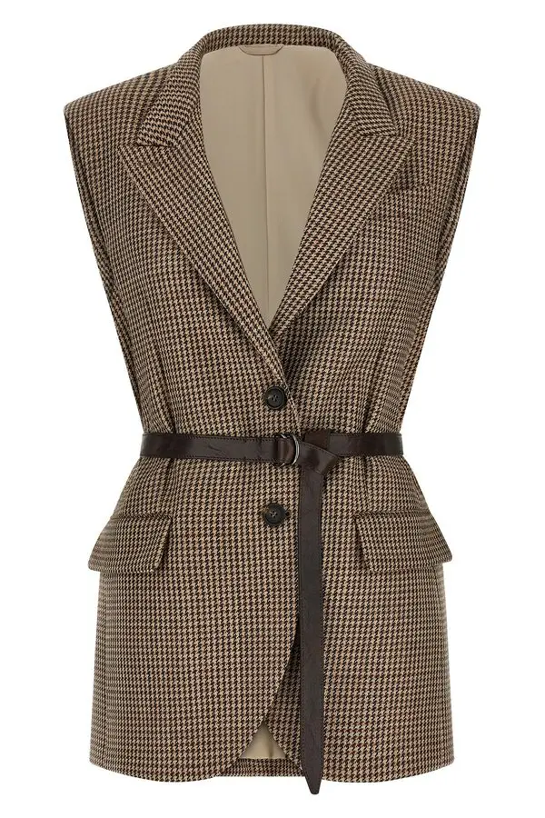 Brunello Cucinelli Houndstooth Belted Vest - Beige
